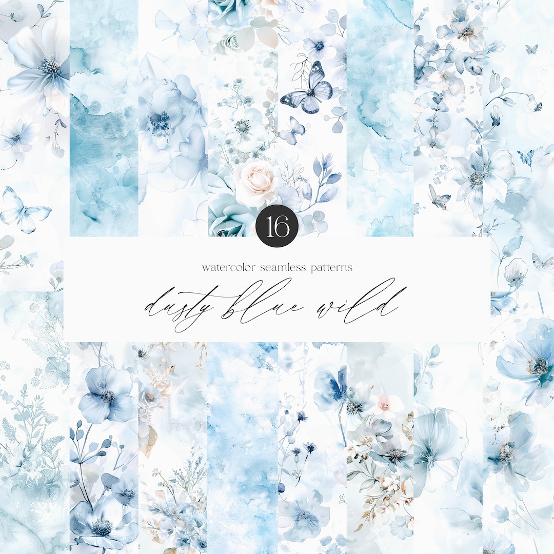 Watercolor Dusty Blue Floral Digital Papers - Dusty Blue Seamless ...