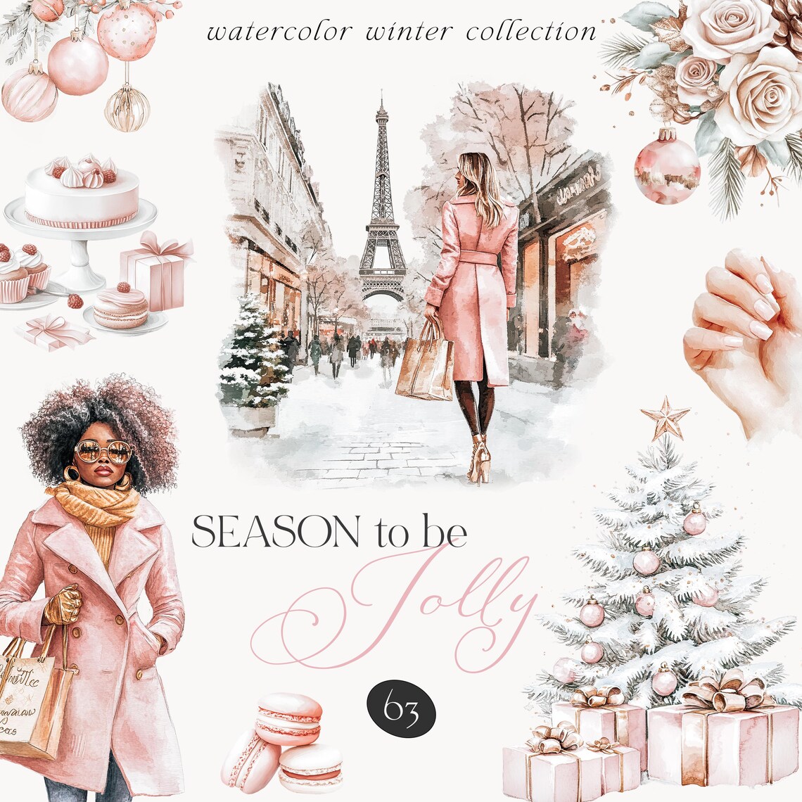 Watercolor Soft Pink Christmas Clipart Collection - Winter in Paris ...