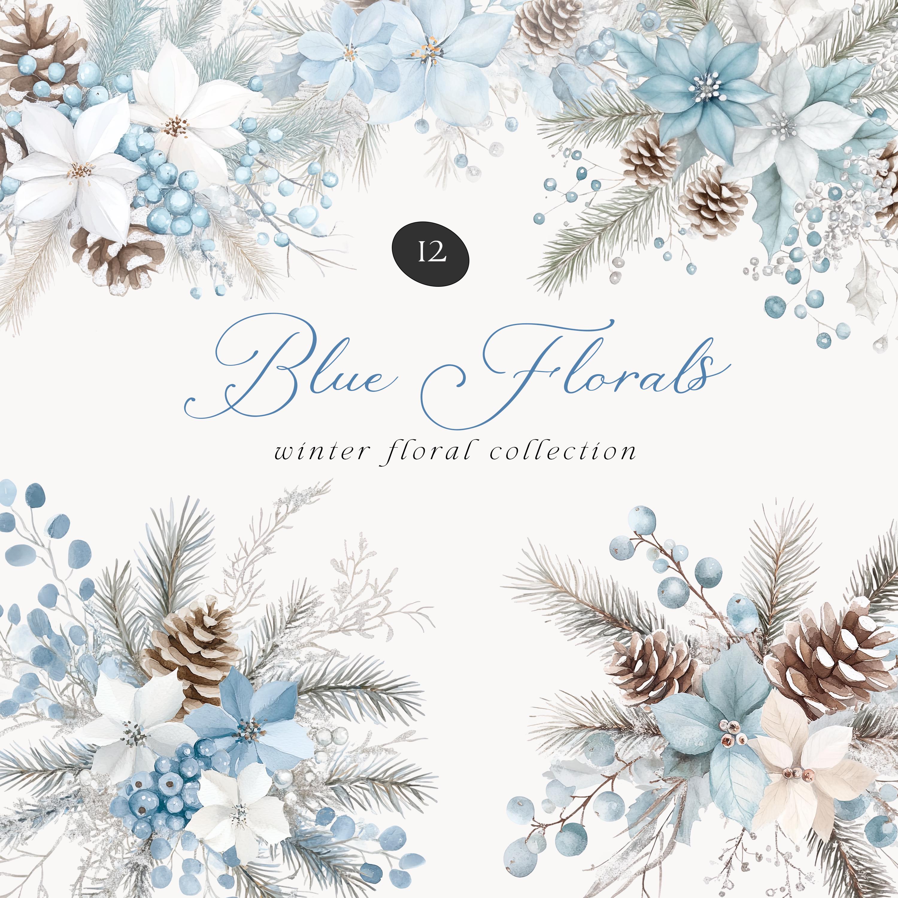 Watercolor Blue Winter Floral Arrangement Clipart, Blue Floral Clipart ...