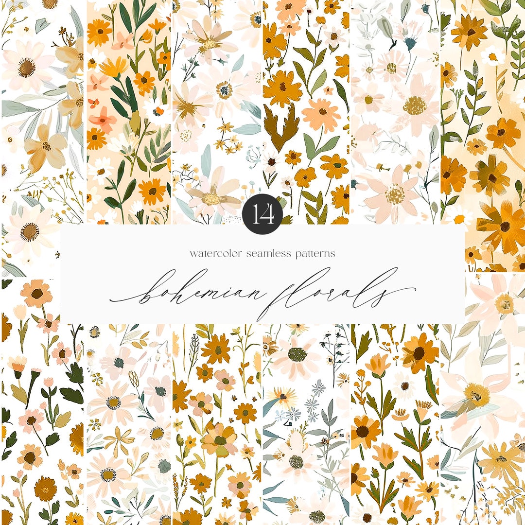 Watercolor Floral Seamless Patterns - Seamless Painted Floral Patterns - Bohemian Flower ...