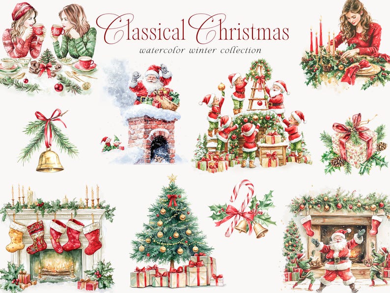 Watercolor Christmas Clipart, Classical Christmas Clip Art, Festive ...