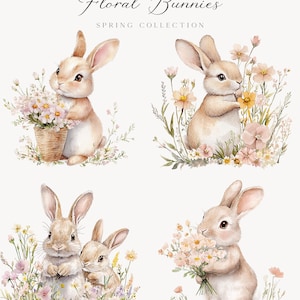Watercolor Floral Bunnies Clipart - Nursery Spring Clipart - Spring ...