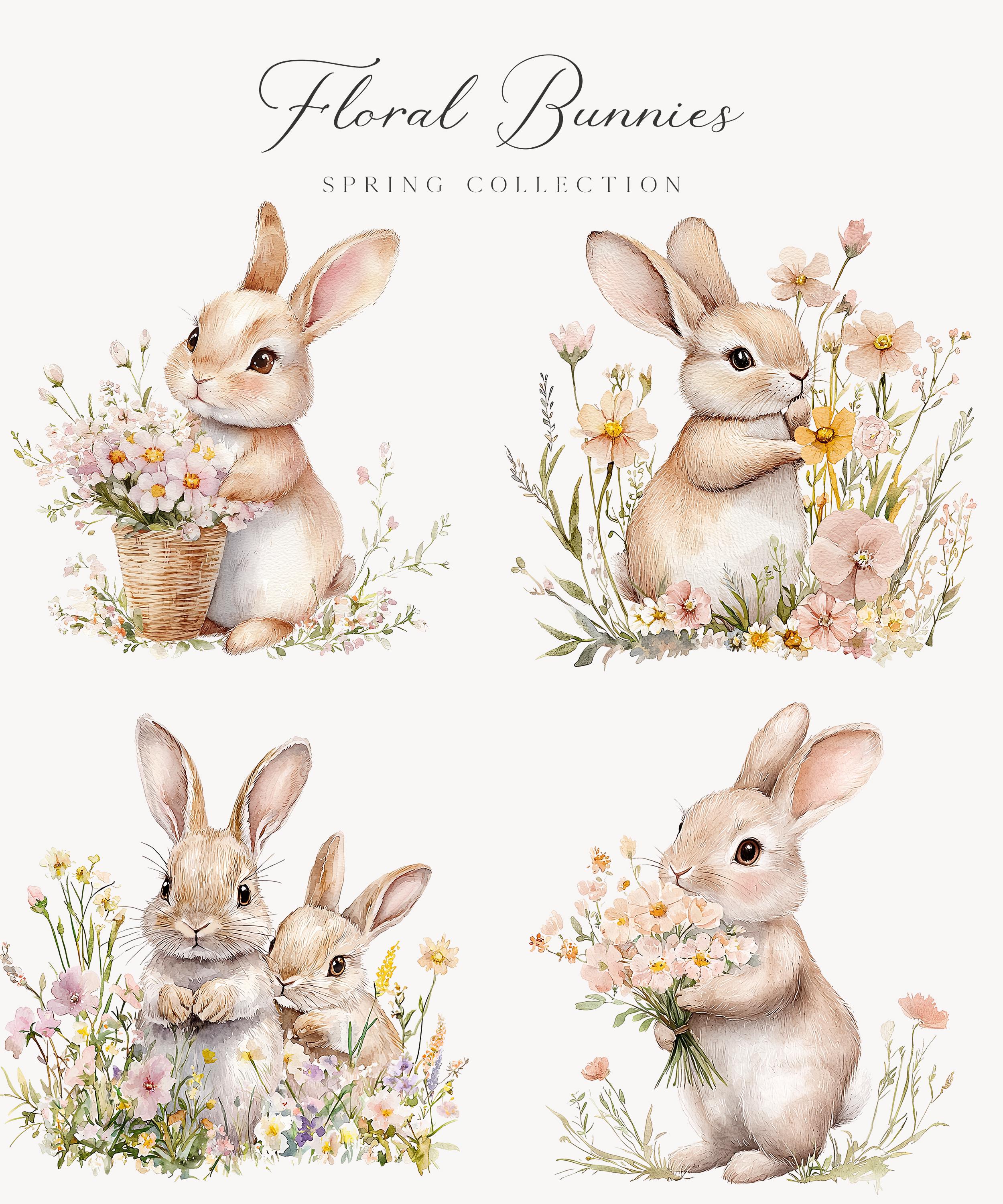 Watercolor Floral Bunnies Clipart - Nursery Spring Clipart - Spring ...