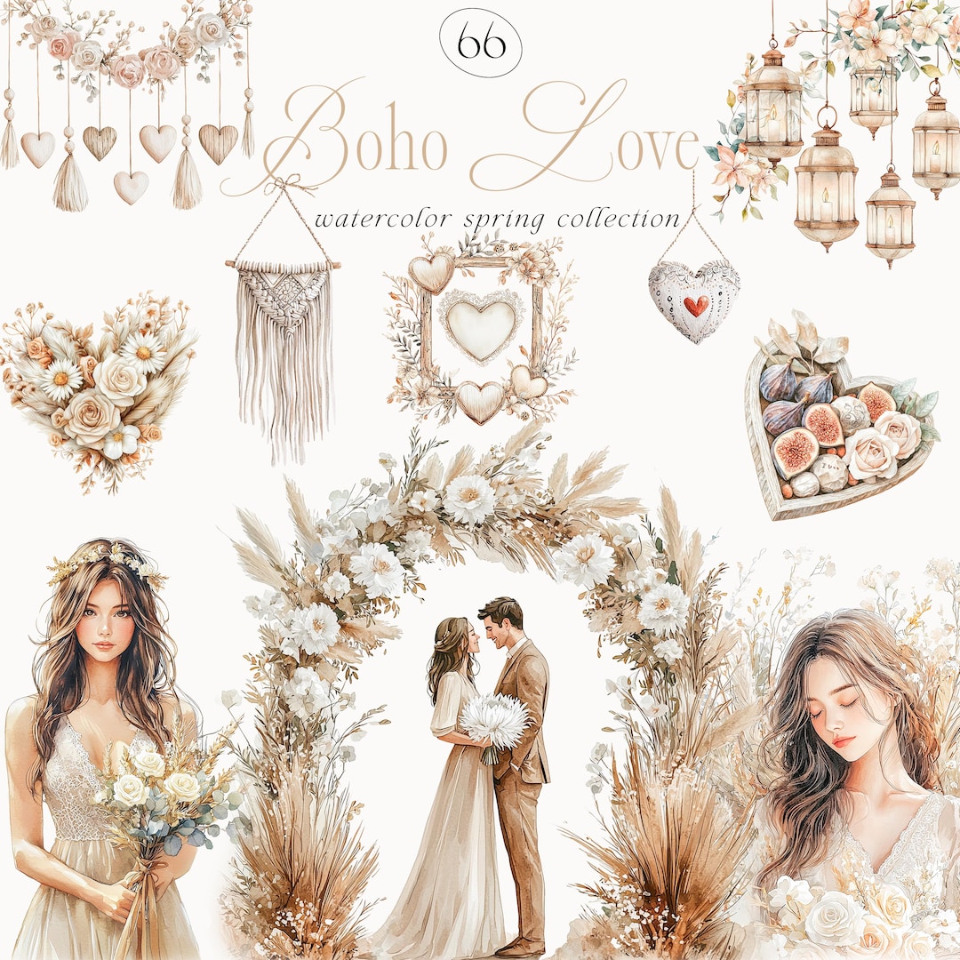 Watercolor Boho Clipart, Romantic Clipart, Rustic Love, Boho Clipart ...