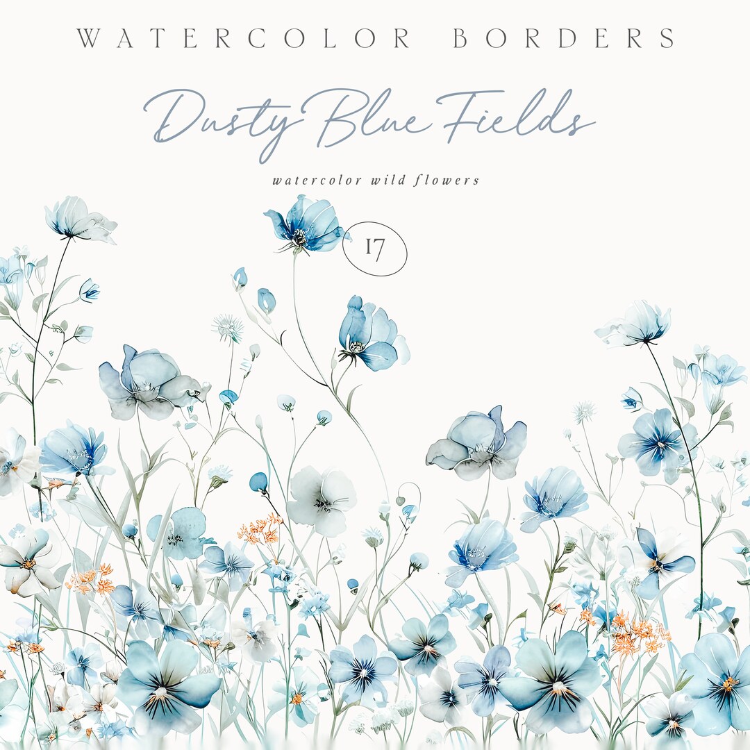 Watercolor Dusty Blue Floral Clipart, Blue Wildflowers Clipart, Dusty ...