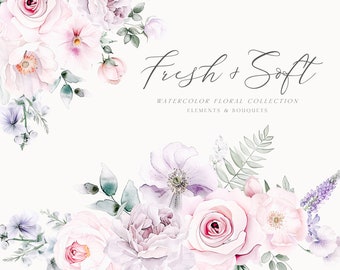 Watercolor Pink Floral Bouquets - Watercolor Floral Clipart - Pink ...