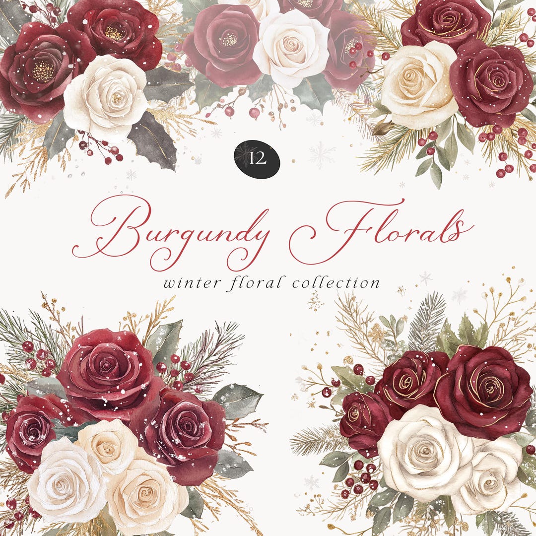 Watercolor Burgundy Floral Arrangement Clipart, Burgundy Floral Clipart ...