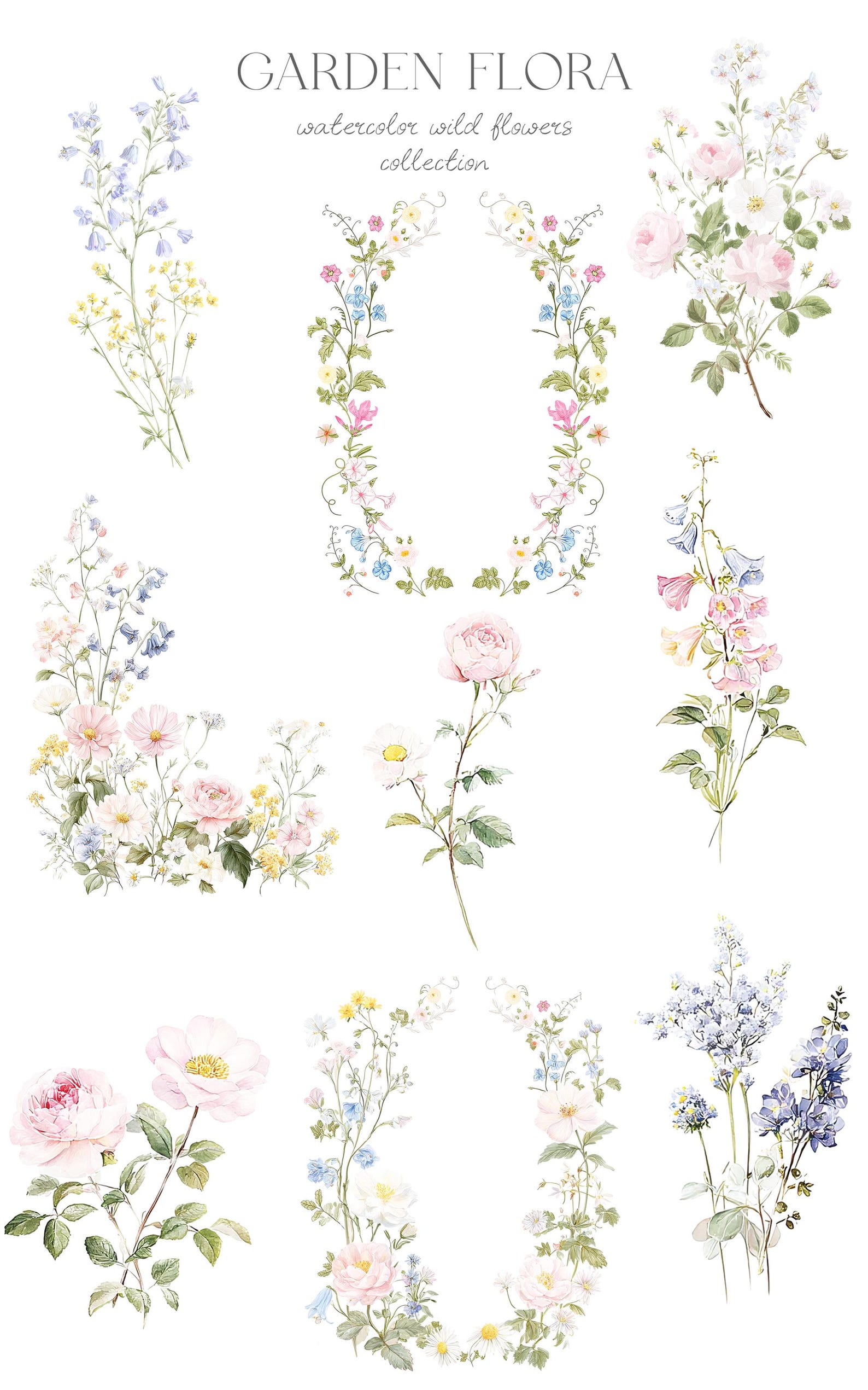 Watercolor Pastel Floral Clipart - Wild Flowers Borders - Wild Floral ...