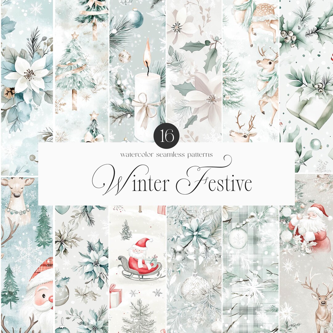 Watercolor Winter Festive Seamless Patterns, Christmas Patterns ...