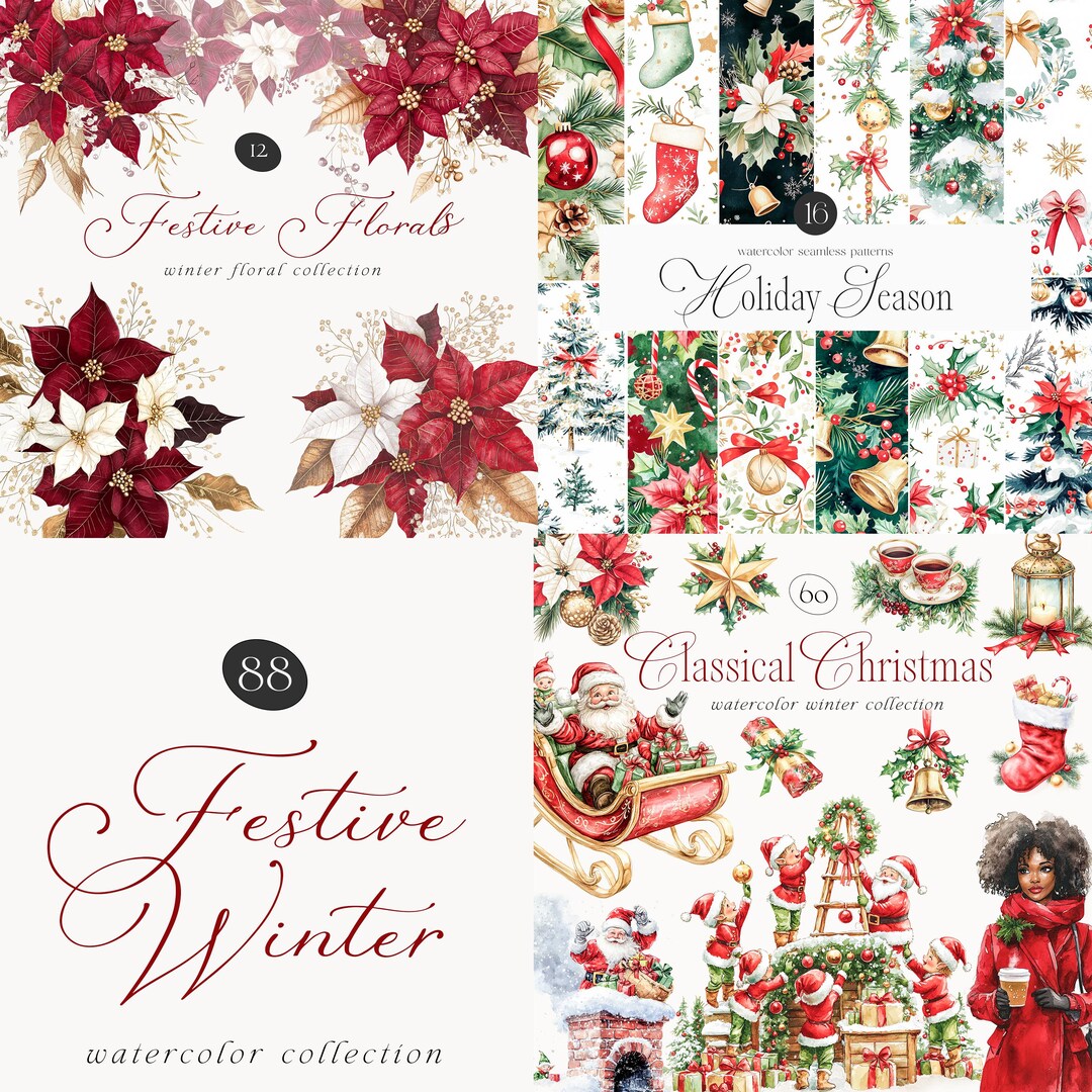 Watercolor Festive Winter Clipart - Winter Bundle - Christmas Bundle ...