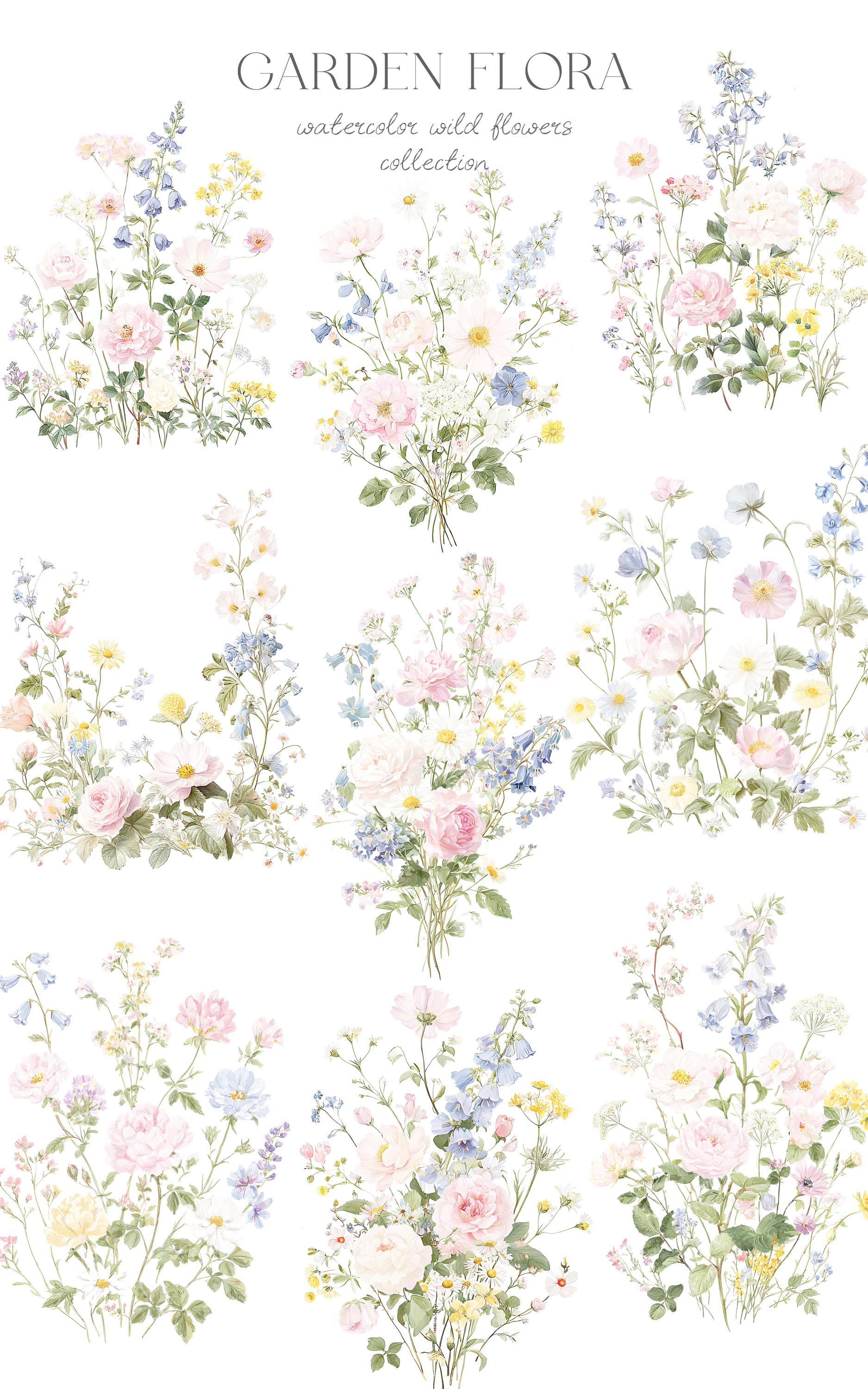 Watercolor Pastel Floral Clipart - Wild Flowers Borders - Wild Floral ...