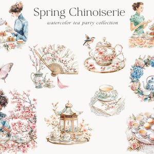Watercolor Chinoiserie Tea Party Clipart - Chinoiserie Clipart ...