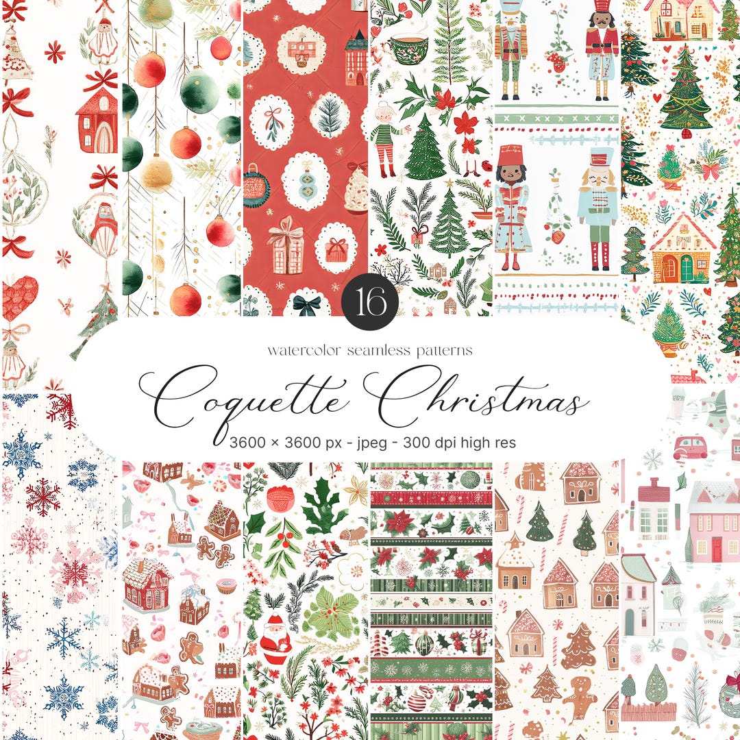 Coquette Watercolor Christmas Seamless Patterns, Christmas Coquette ...