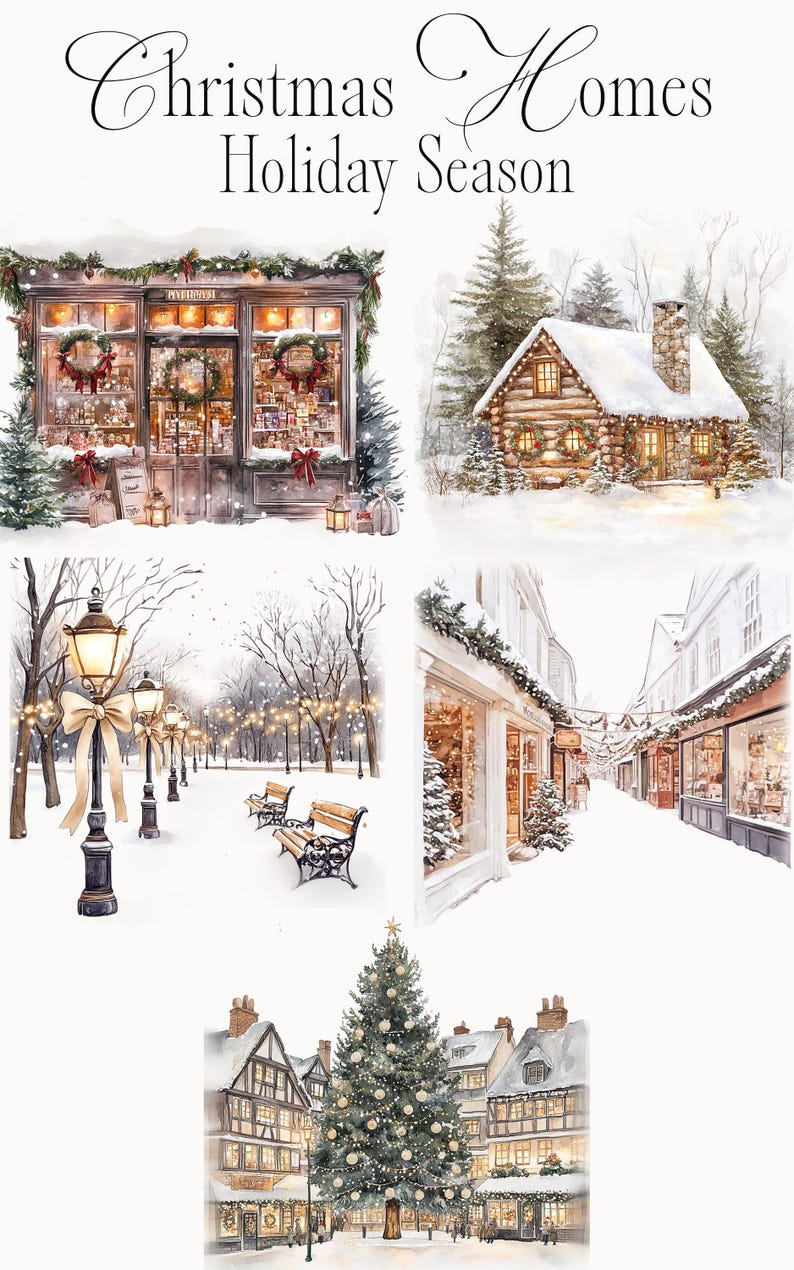 Watercolor Christmas Homes Clipart - Christmas Clipart - Winter ...