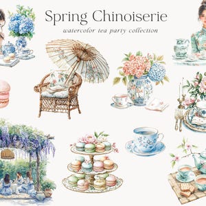 Watercolor Chinoiserie Tea Party Clipart - Chinoiserie Clipart ...