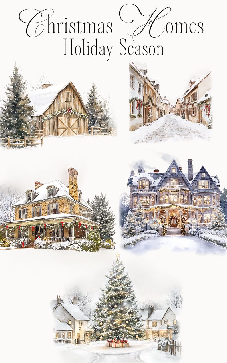 Watercolor Christmas Homes Clipart - Christmas Clipart - Winter ...