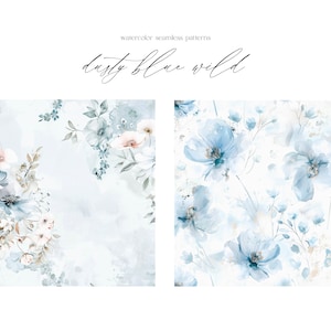 Watercolor Dusty Blue Floral Digital Papers - Dusty Blue Seamless ...