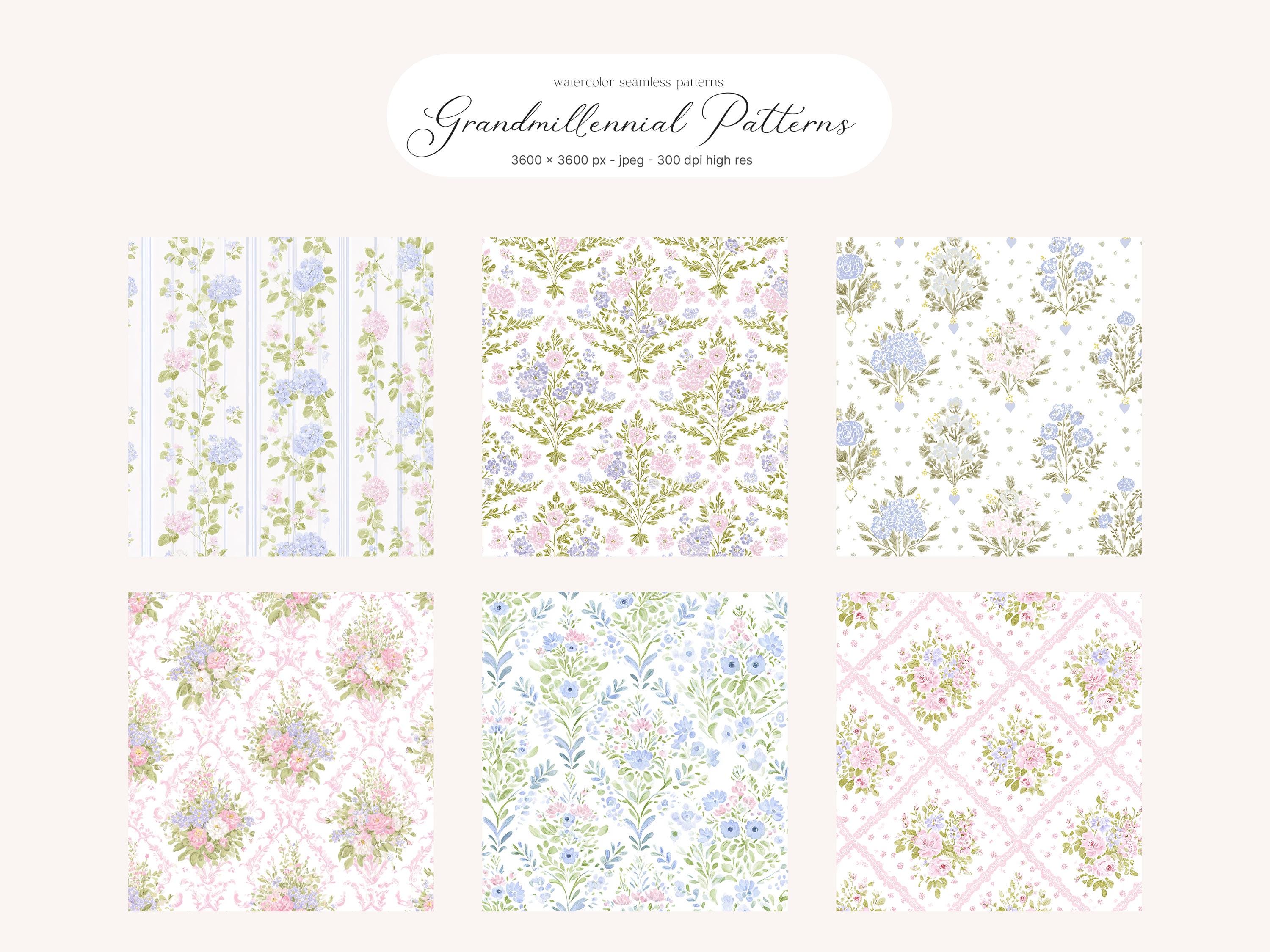 Grandmillennial Watercolor Seamless Patterns, Grandmillennial Patterns ...