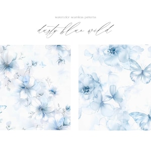 Watercolor Dusty Blue Floral Digital Papers - Dusty Blue Seamless ...