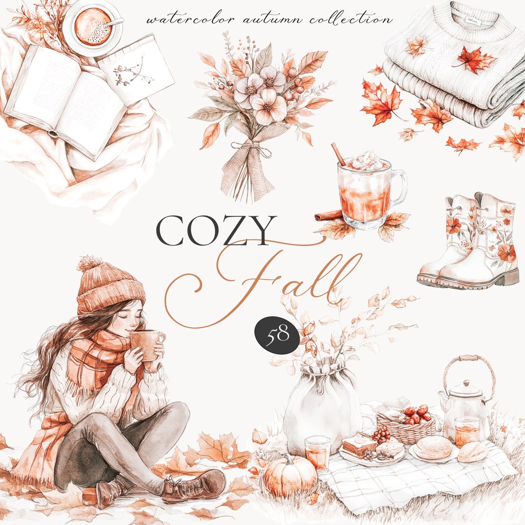 Watercolor Autumn Clipart - Fall Watercolor Clipart - Cozy Fall Clipart ...