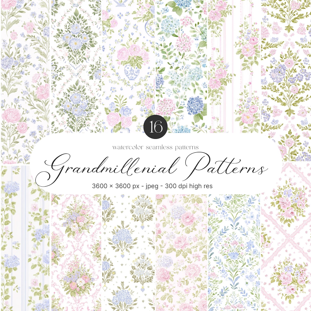 Grandmillennial Watercolor Seamless Patterns, Grandmillennial Patterns ...