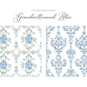 Watercolor Grandmillennial Blue Seamless Patterns - Repeated Patterns ...