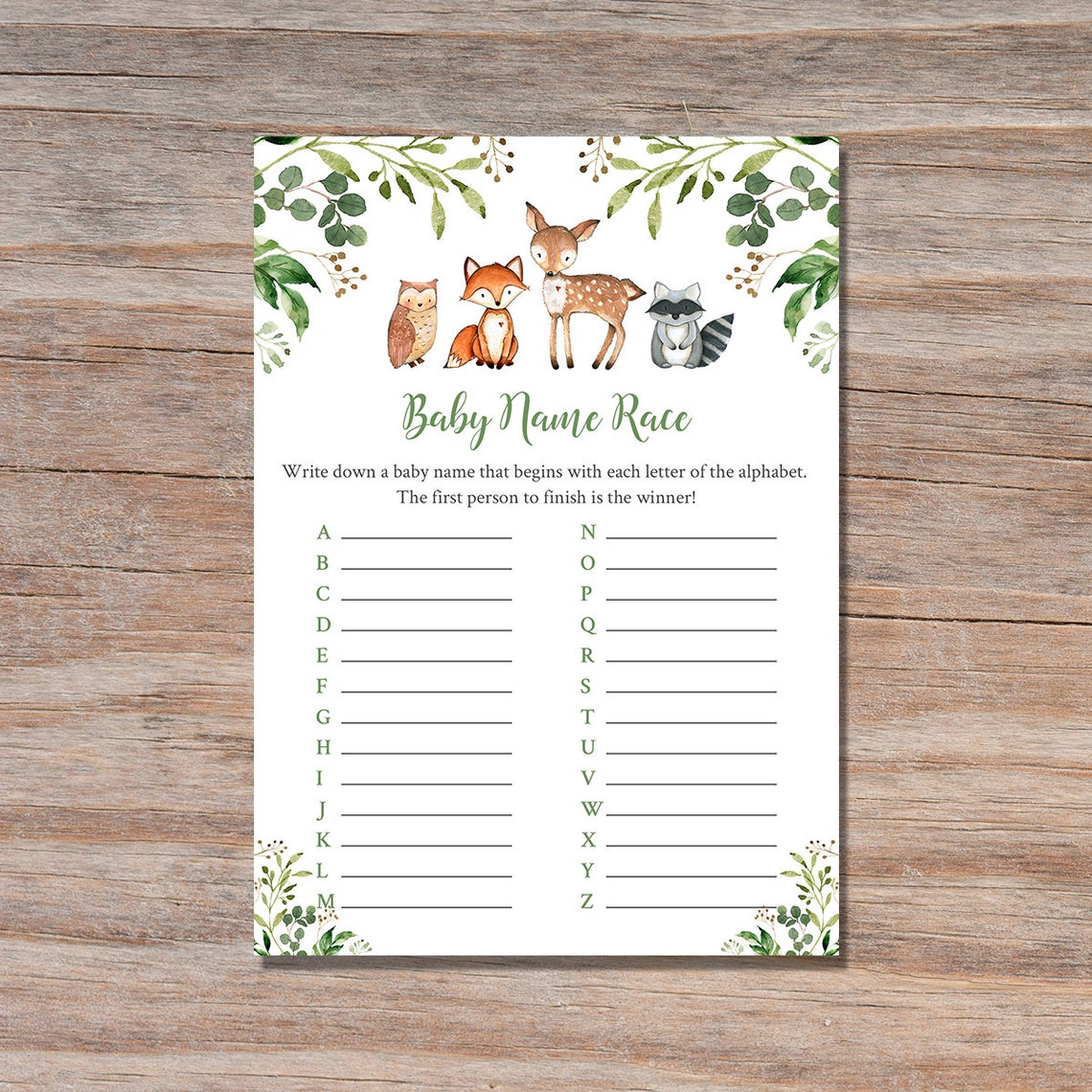 Woodland Baby Shower Game Baby Name Race Game Woodland Baby | Etsy