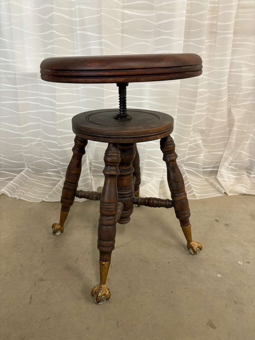 Antique, Adjustable Wooden Piano Stool With Glass Ball Claw Feet ...