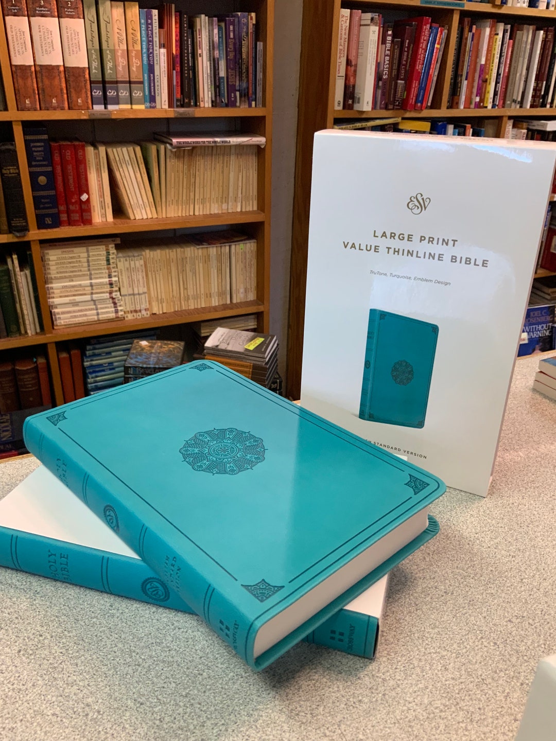 PERSONALIZED ESV Bible Large Print Value Thinline Turquoise Emblem ...