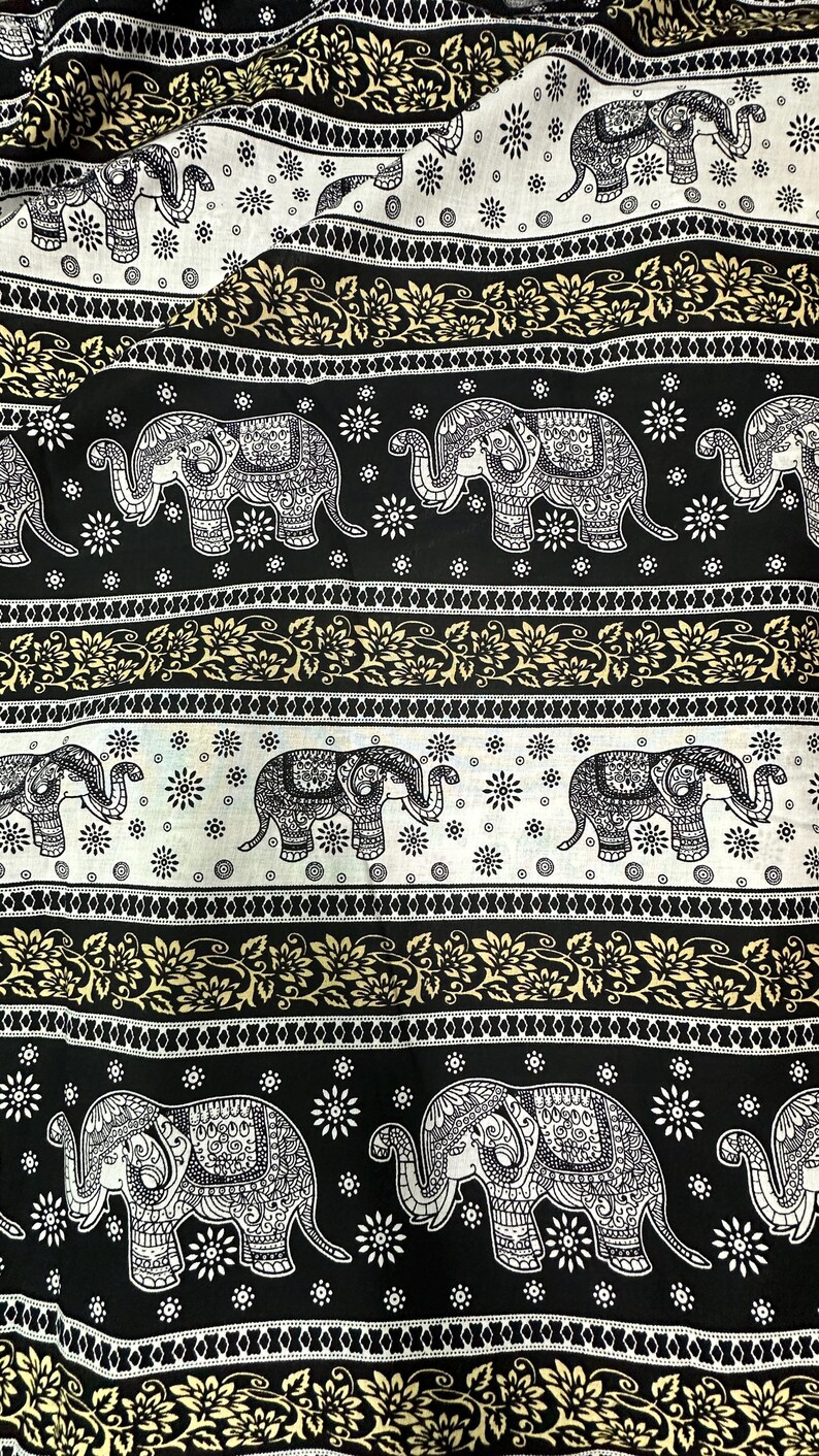 Thai Elephant Print Cotton Fabric: Black, Ivory, Yellow - 44" Wide - Etsy