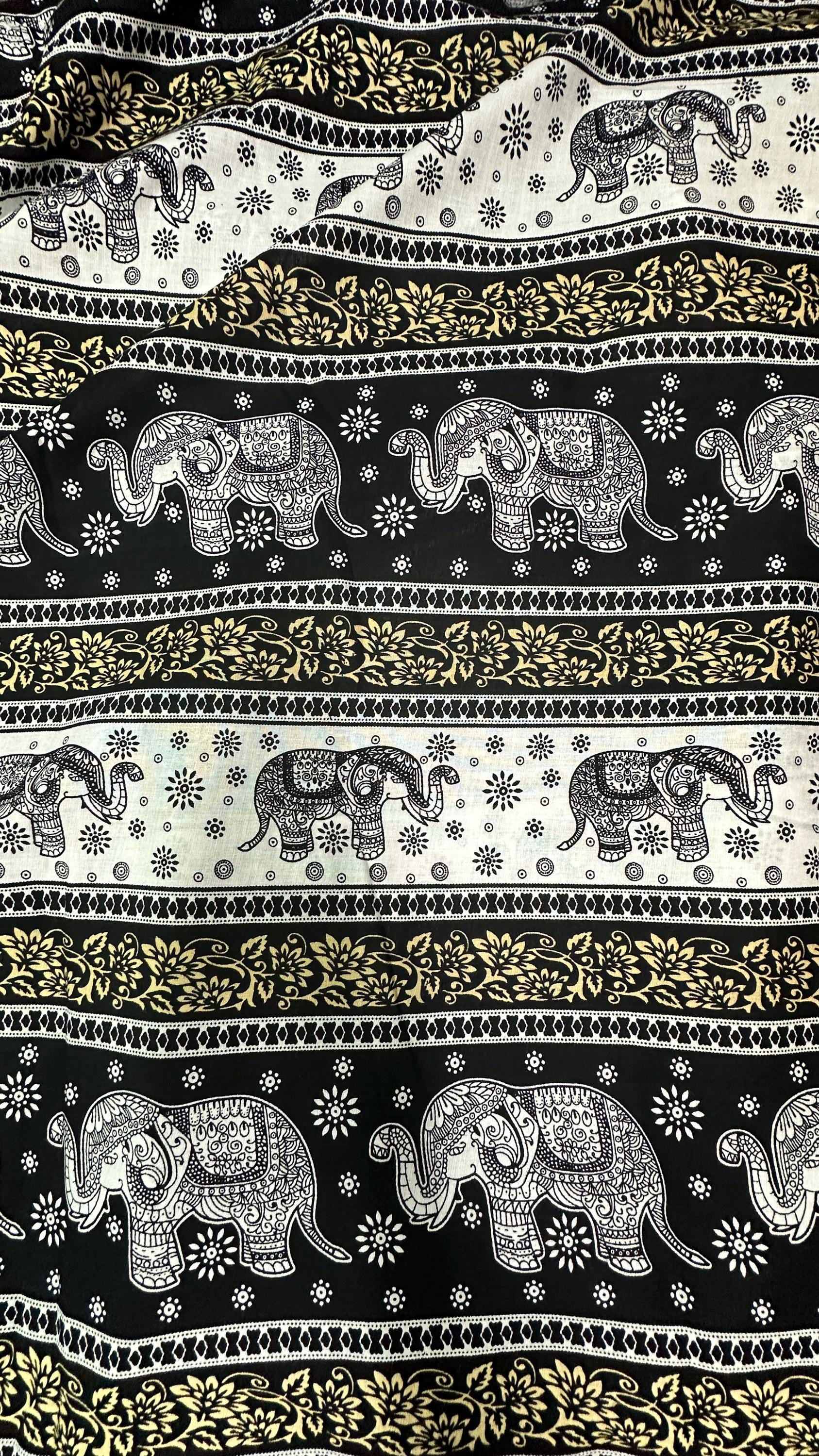 Thai Elephant Print Cotton Fabric: Black, Ivory, Yellow - 44" Wide - Etsy