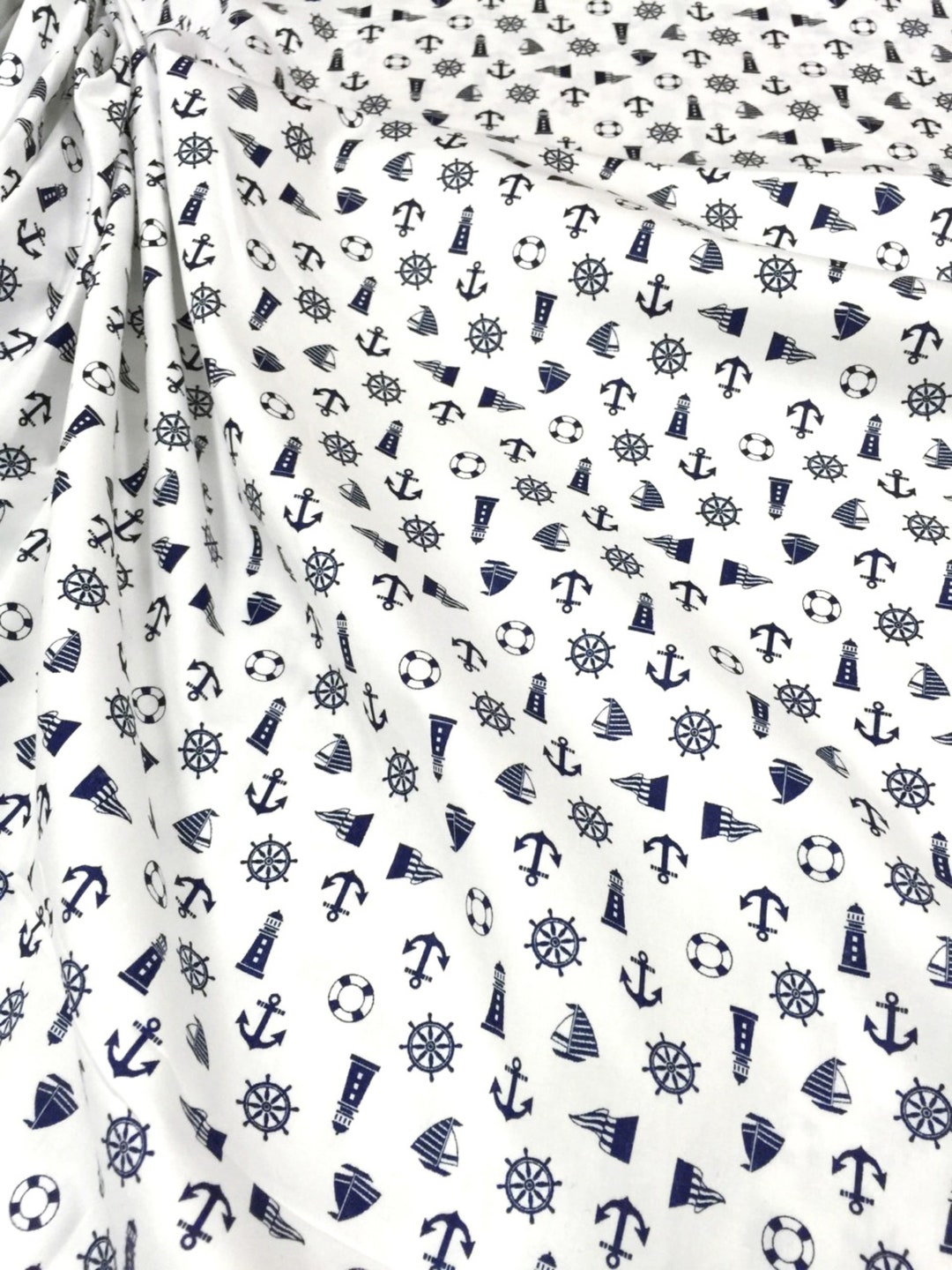 Nautical 100% Cotton White Print Fabric 44”W Material BTY for Quilting ...
