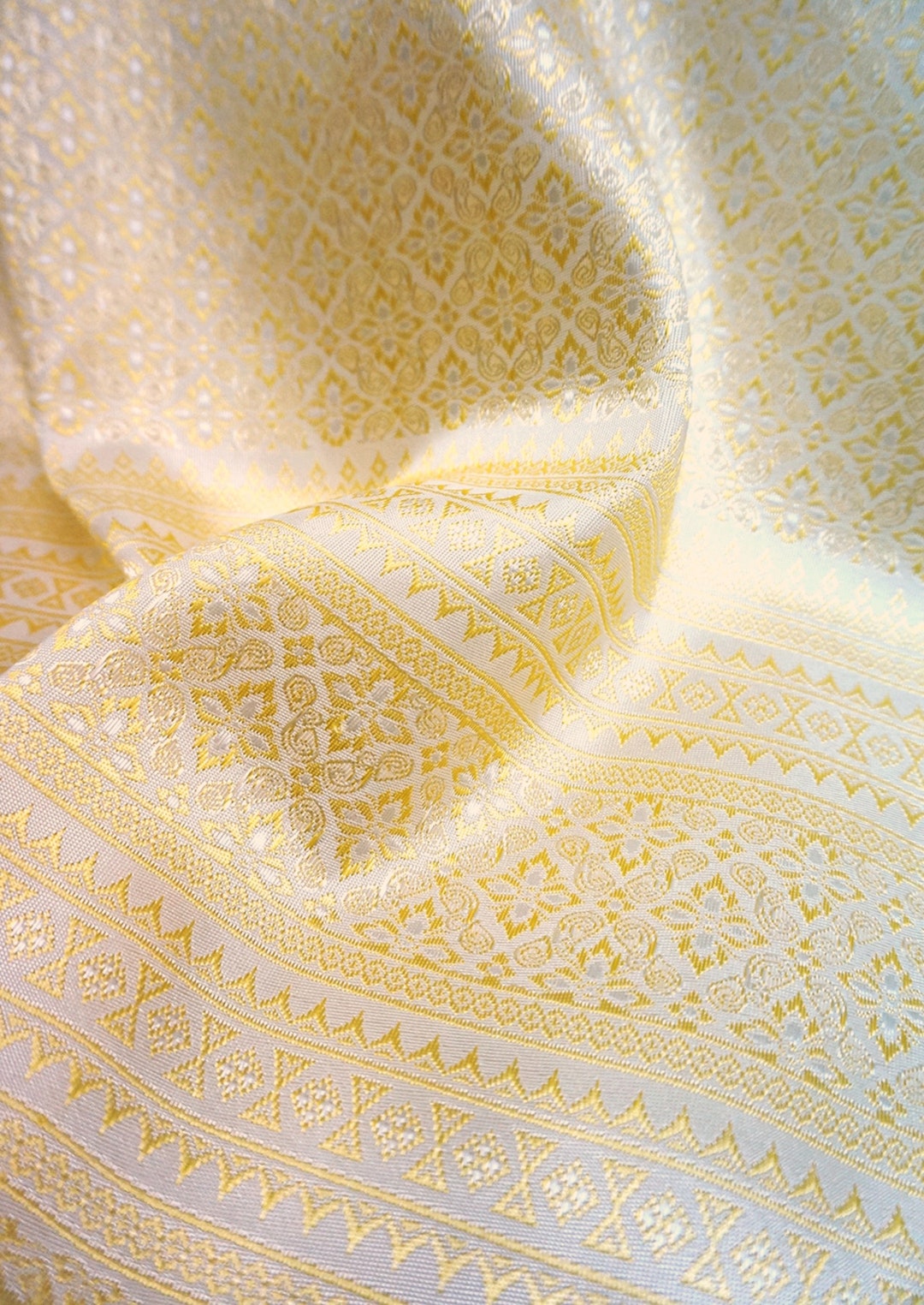 Light Yellow Gold Thai-laos Traditional Artificial Silk Fabric Material ...