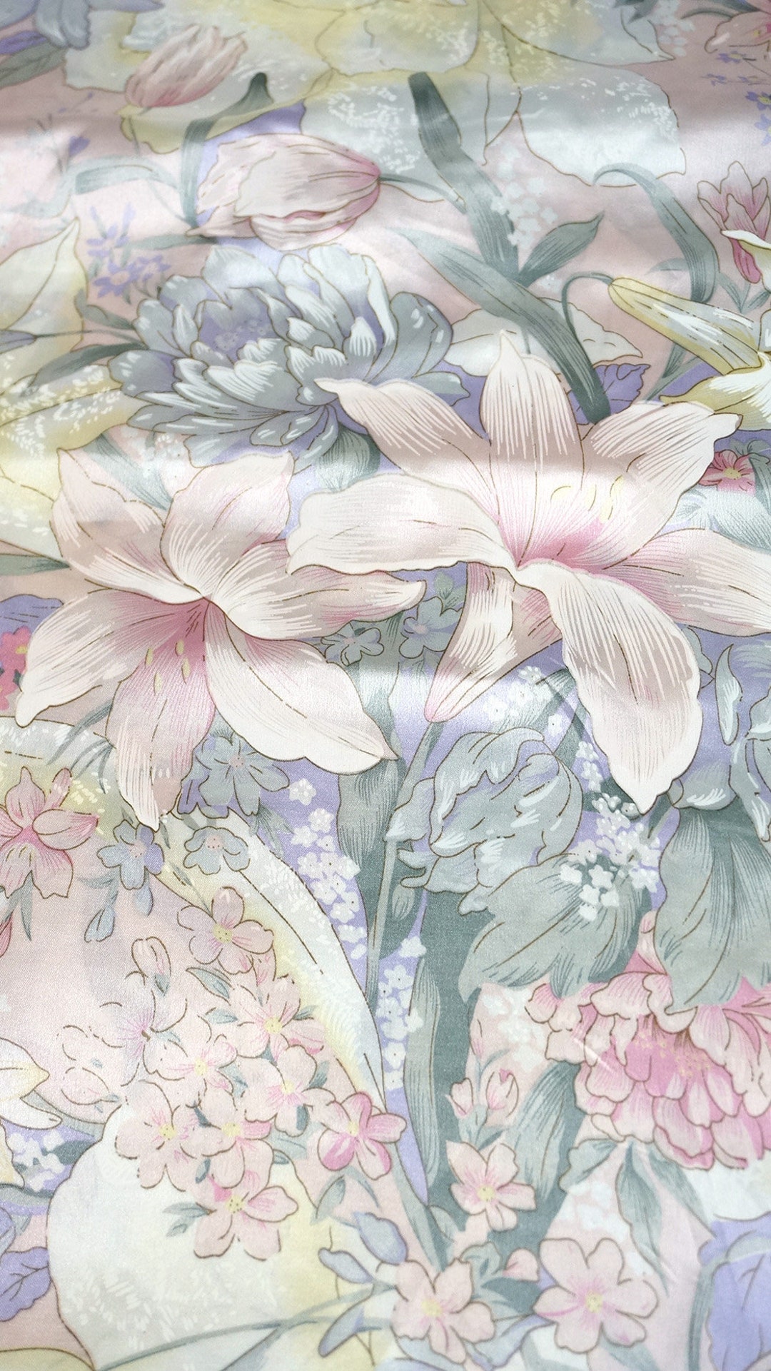 Ivory Lily Floral Faux Silk Satin Fabric: Pastel Colors Wild Rags ...