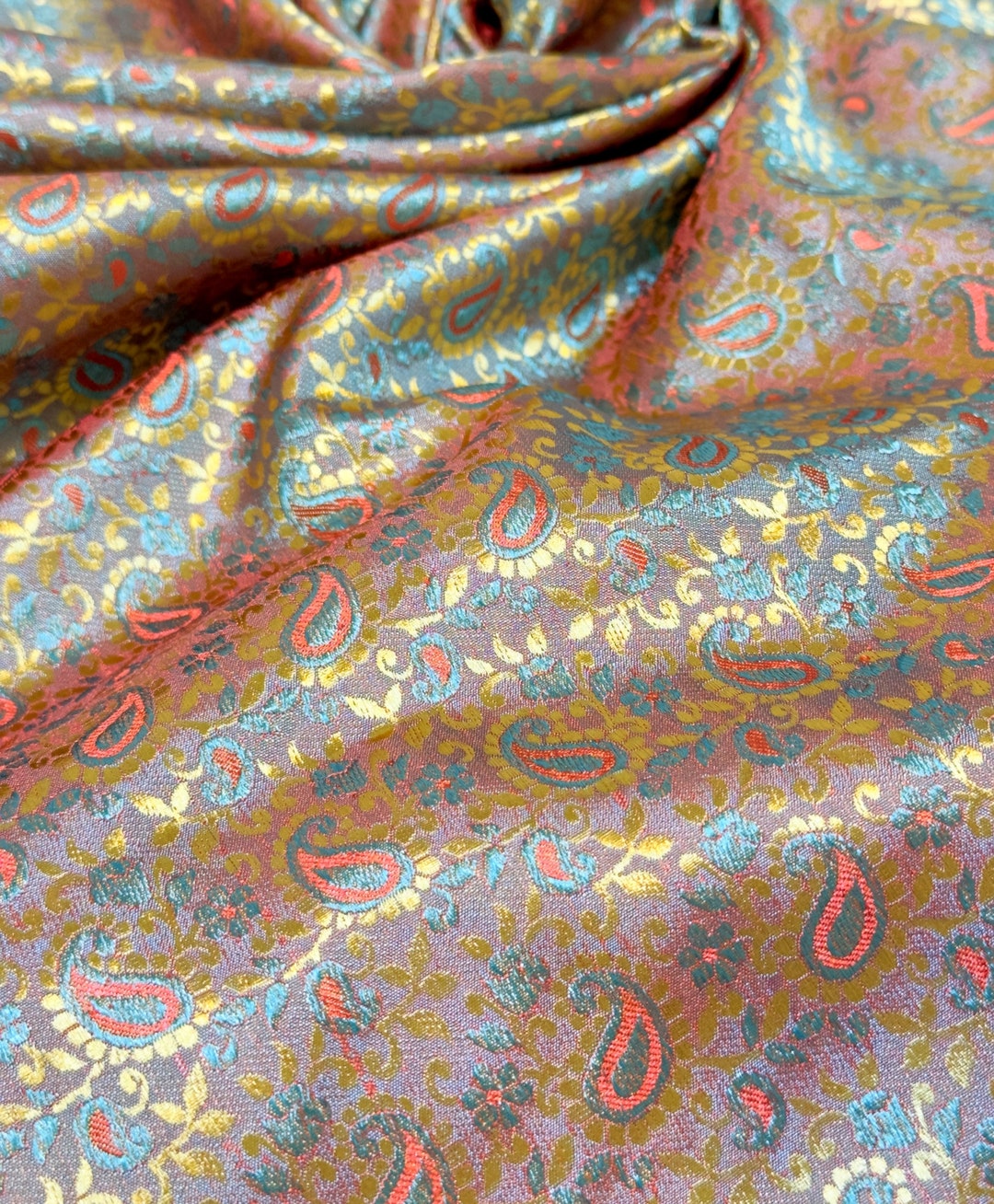 Paisley Brocade Silk Blend Fabric: Vermillion & Green, Soft Drape BTY ...