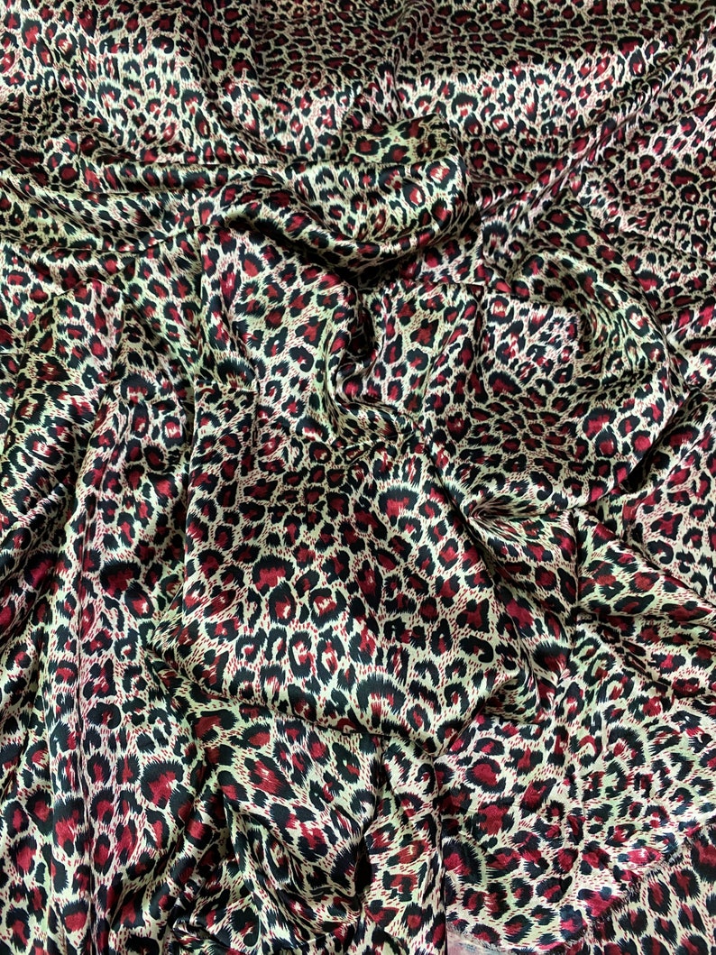Leopard Faux Silk Satin Fabric Material in Red Gold Black for - Etsy