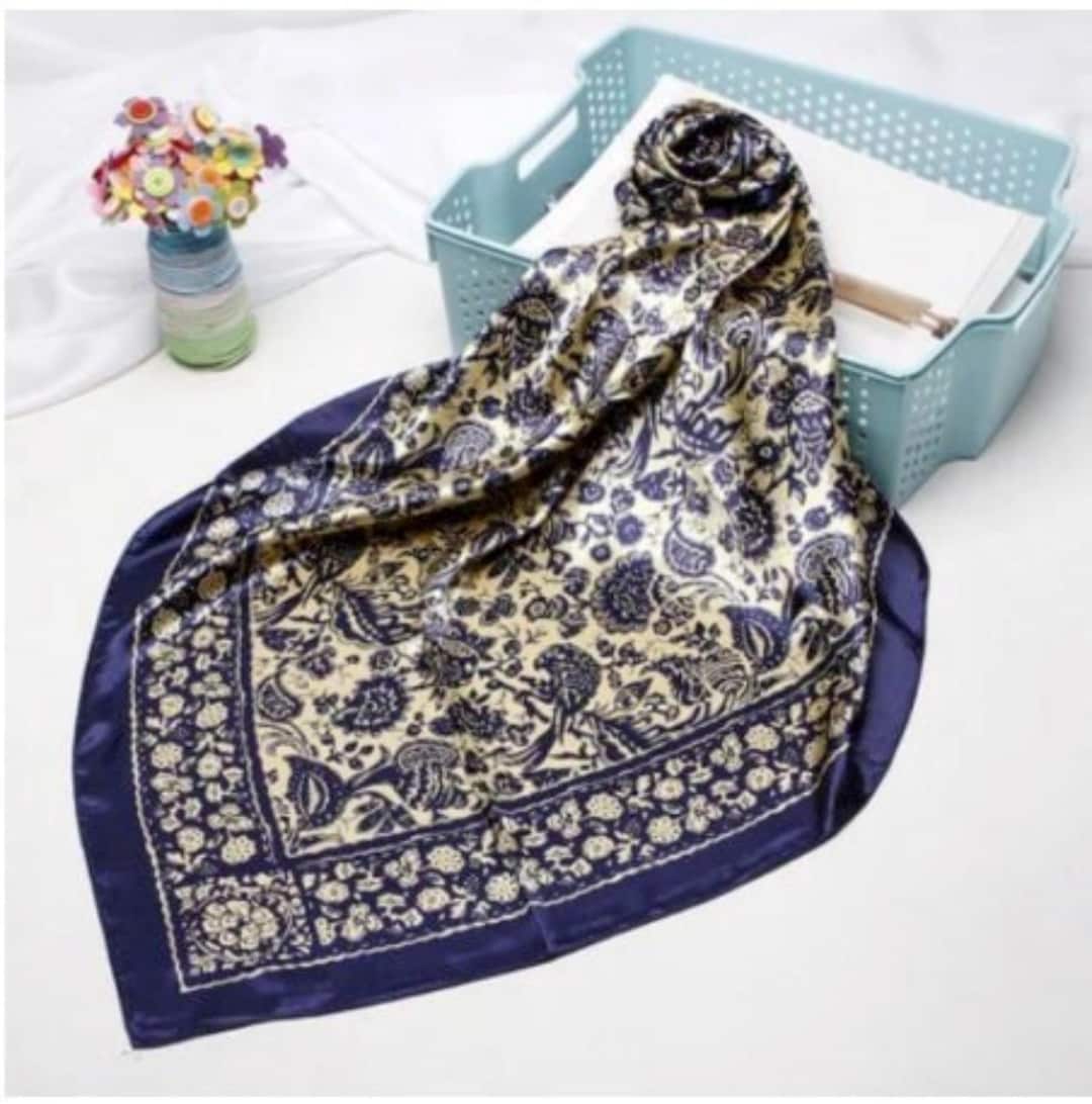 Paisley Print Silk Scarf: Blue & Butter Yellow Bohemian Head Scarf (35 ...