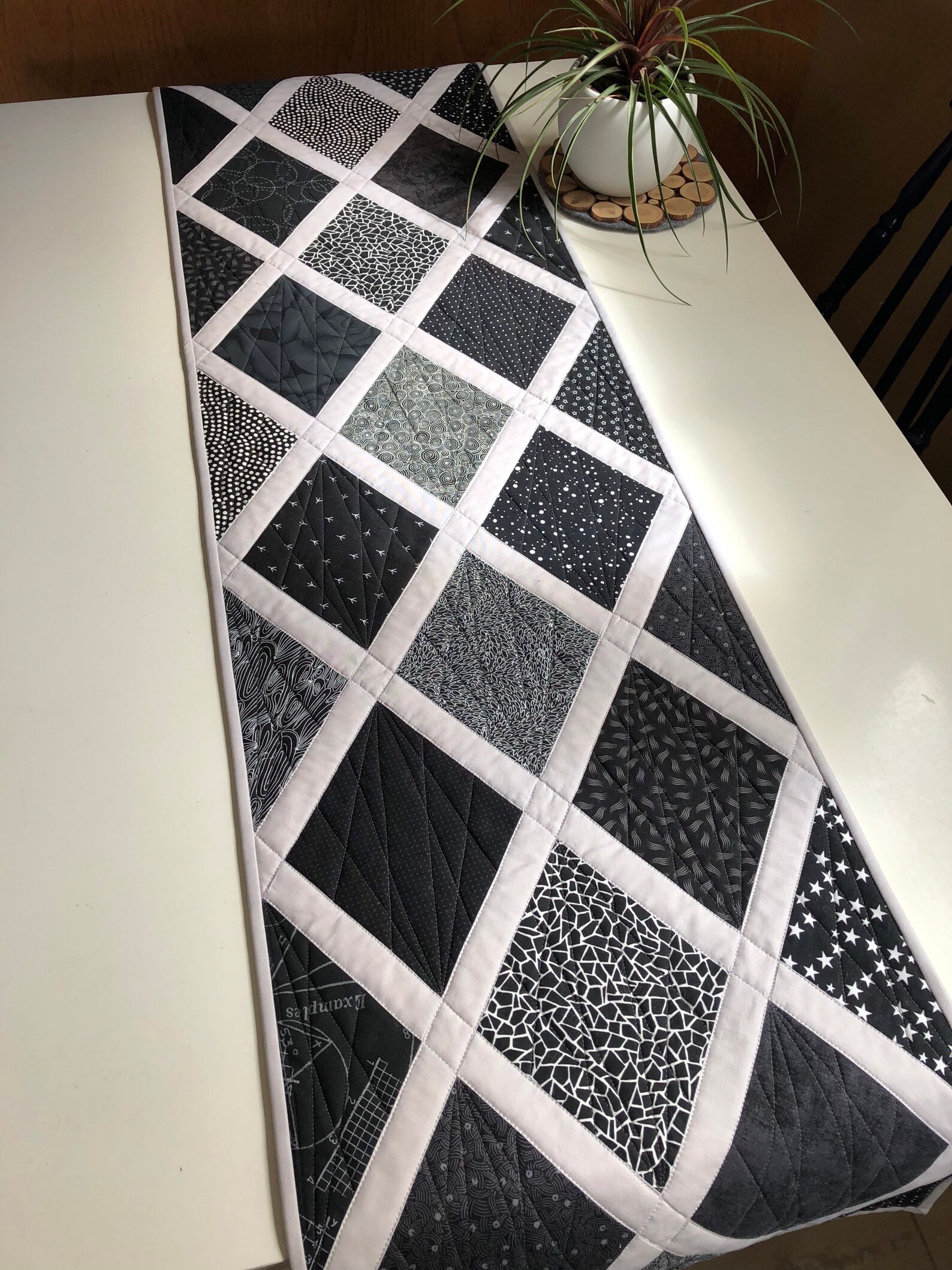 Quilted Black & White Table runner 15.5 x 60.25 inches | Etsy