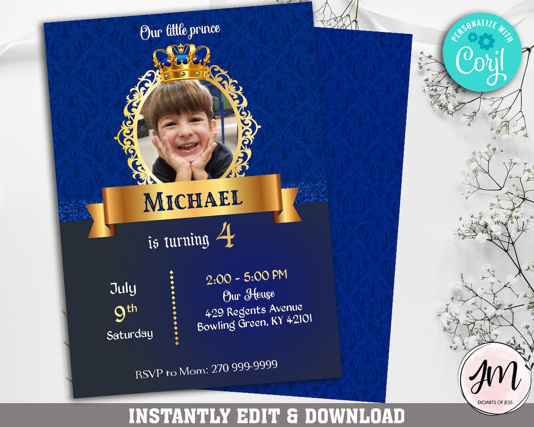 Prince Birthday Invitation, Prince, Royal, Blue, Gold, Photo, Prince ...