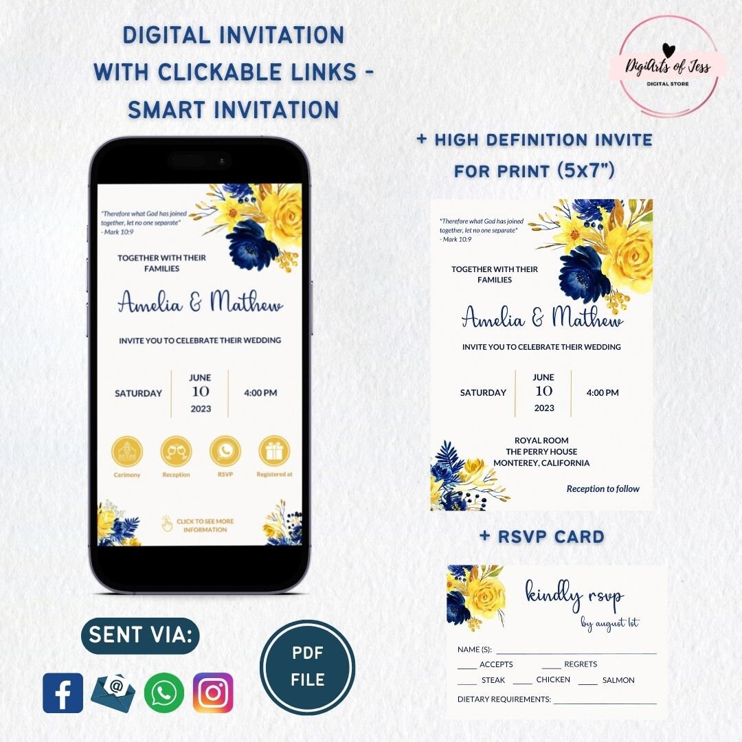 Digital Wedding Invitation | Floral Weding Blue Yellow | Clickable ...
