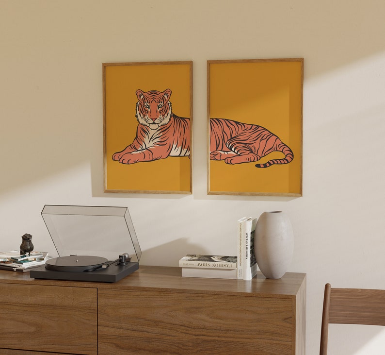 Tiger Pop Art Set of 2 Prints, Jungle Animal Art, Yellow Tiger Print ...