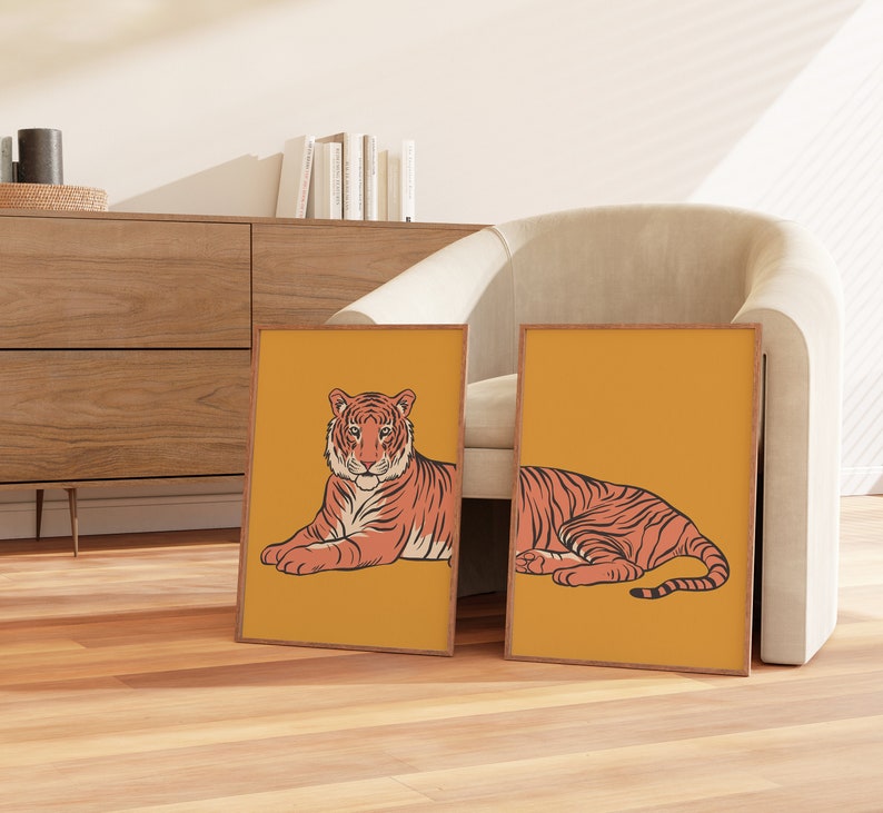Tiger Pop Art Set of 2 Prints, Jungle Animal Art, Yellow Tiger Print ...