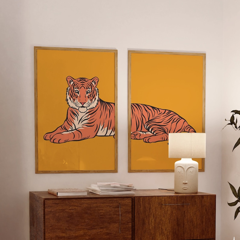 Tiger Pop Art Set of 2 Prints, Jungle Animal Art, Yellow Tiger Print ...