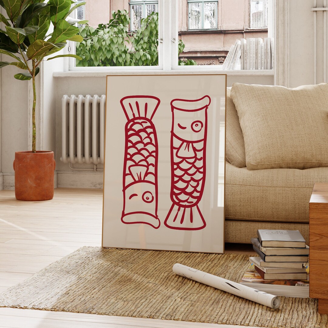 Japanese Red Fish Print, Vintage Wall Art, Trendy Aesthetic Poster, Koi ...