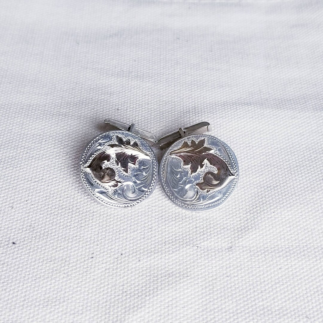 Vintage 2 Tone Engraved Silver Cuff Links - Etsy
