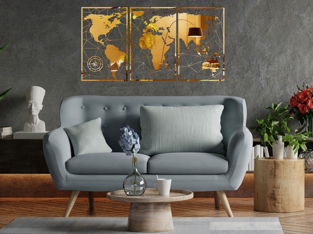 3 Panel World Map, Glass, Wall Decoration, 3D, Wall Art, Living Room ...