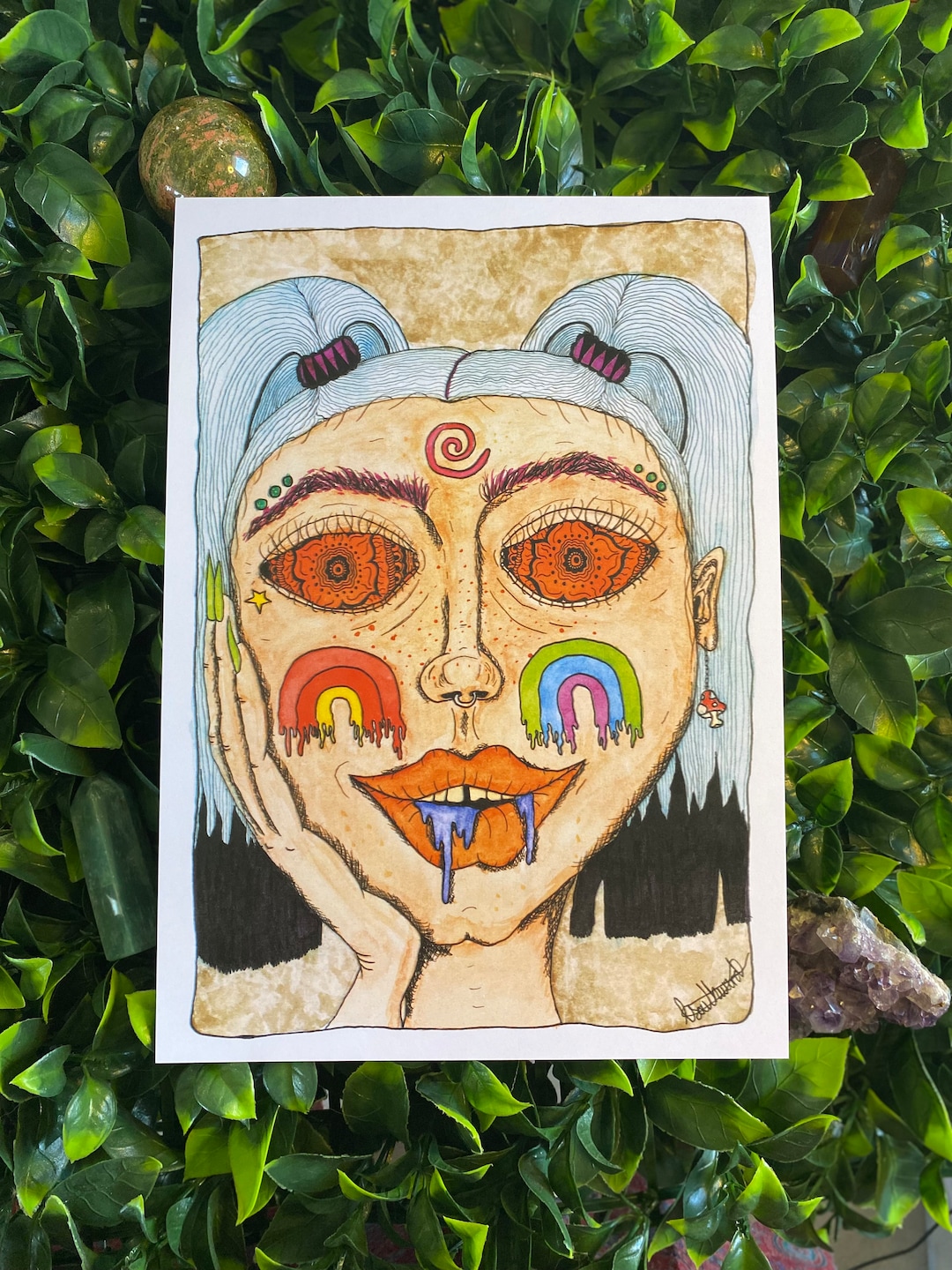 Doof Baby Groovy A4, A6, Watercolour Art Print, Blue Haired Trippy Girl ...