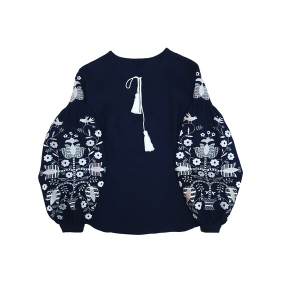 Dark Blue Women's Embroidered Blouse Shirt Boho Style - Etsy
