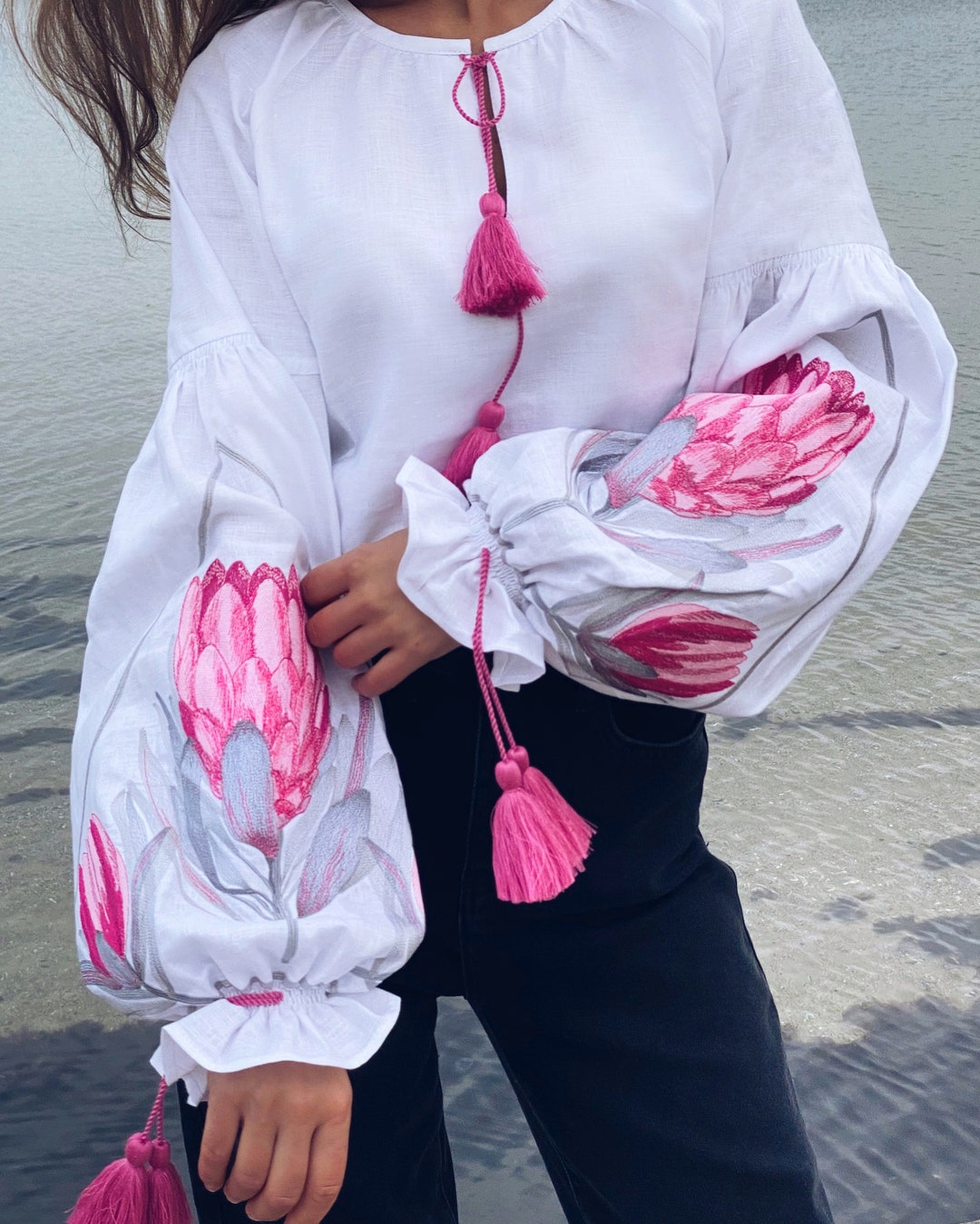 White Women Shirt a Very Unique Design Blouse With Embroidered Protea ...