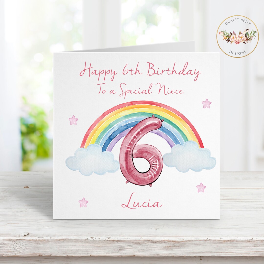 Rainbow Happy 6th Birthday Card, Personalised Card, Personalised 6th ...